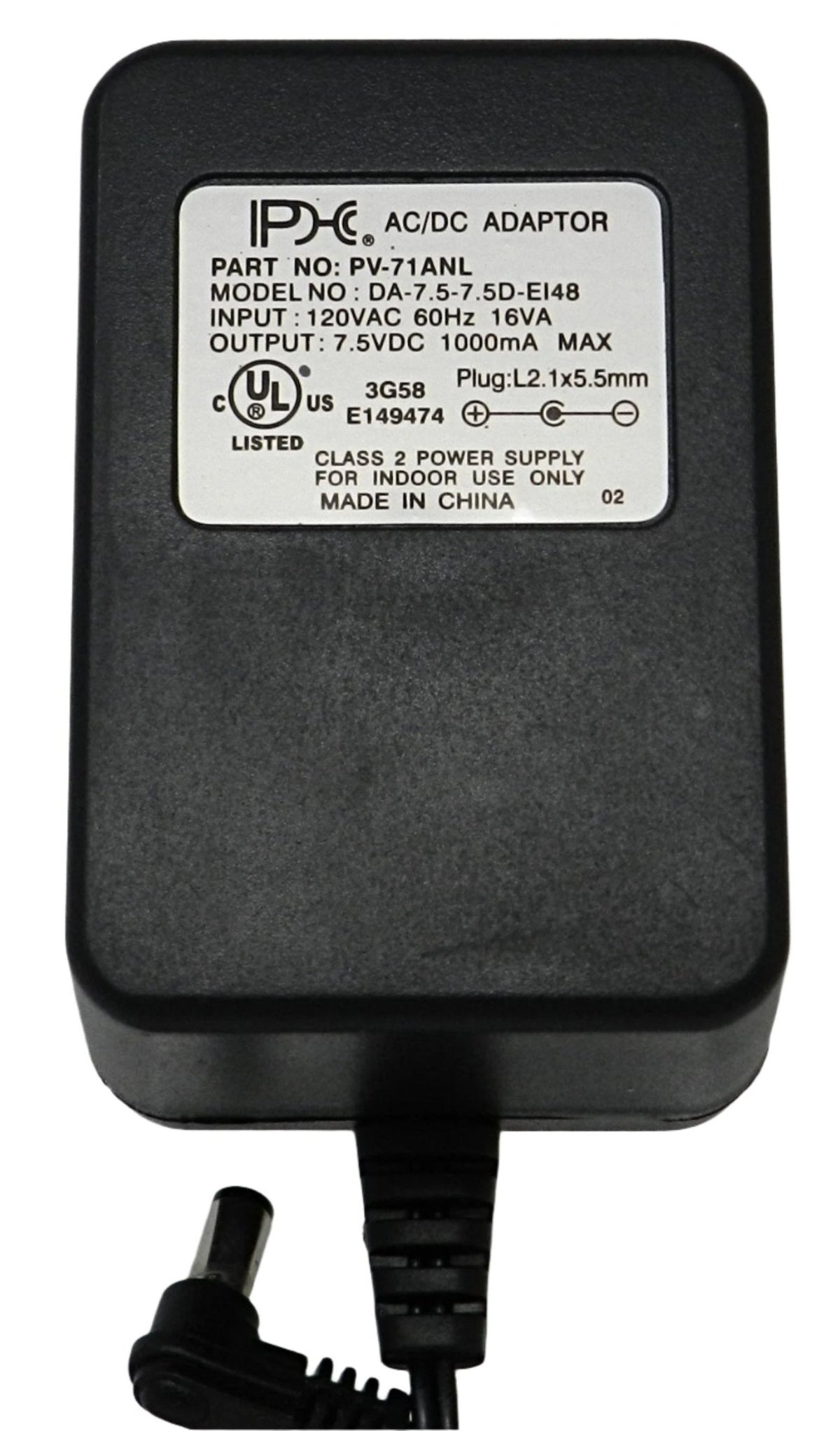 AC-DC Linear Power Supply 7.5V DC @ 1000mA; 2.1 x 5.5mm NEGATIVE cente ...