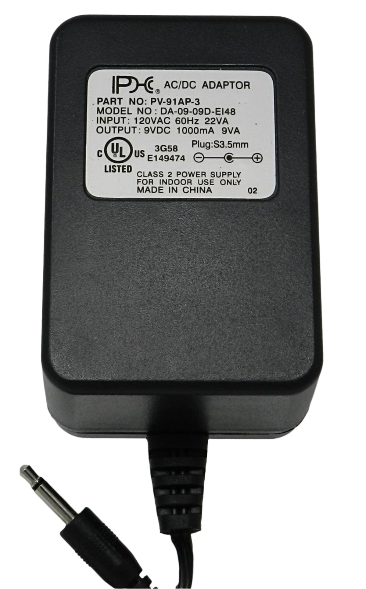 AC-DC Linear Power Supply 9V DC @ 1000mA; 3.5 MALE (+) center polarity ...